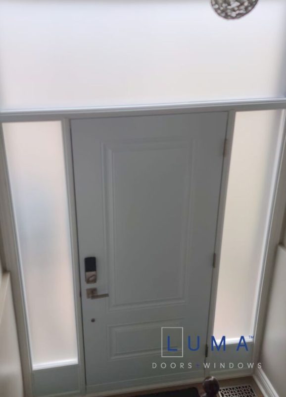 Product | Single Steel Door with Sidelites, Top Glass Bar, and Smart Lock