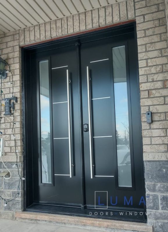 Product | Steel Double Door - Aluminum Accents, Offset Privacy Glass