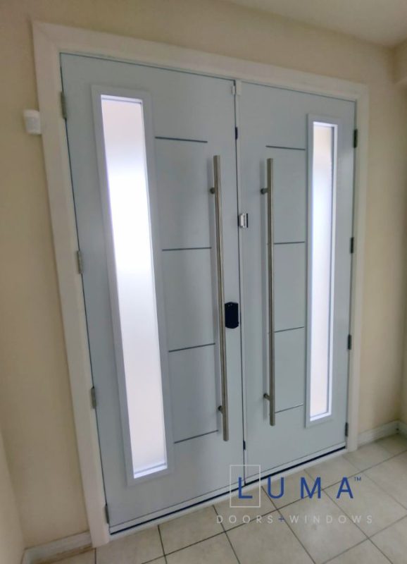 Product | Steel Double Door - Aluminum Accents, Offset Privacy Glass