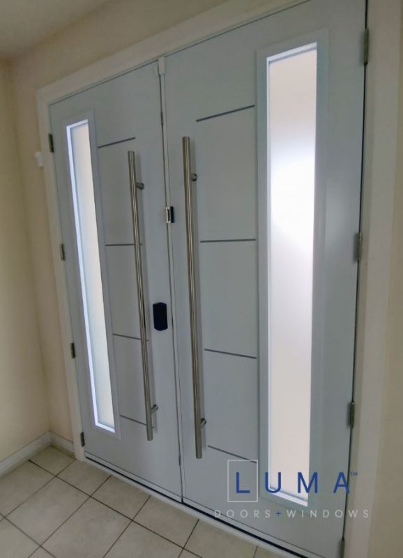Product | Steel Double Door - Aluminum Accents, Offset Privacy Glass